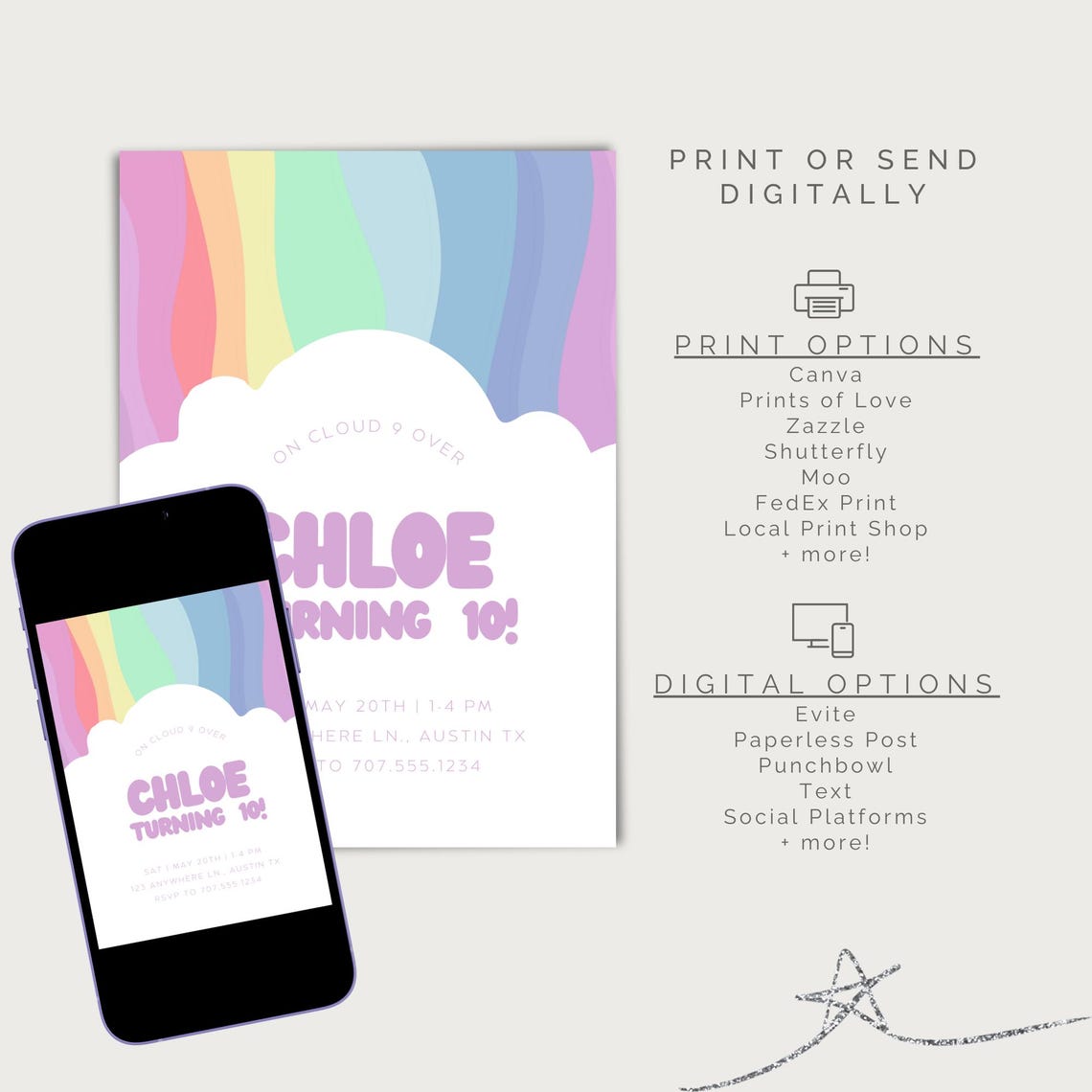 Editable Rainbow Birthday Invitation Rainbow Party Digital Invitation ...