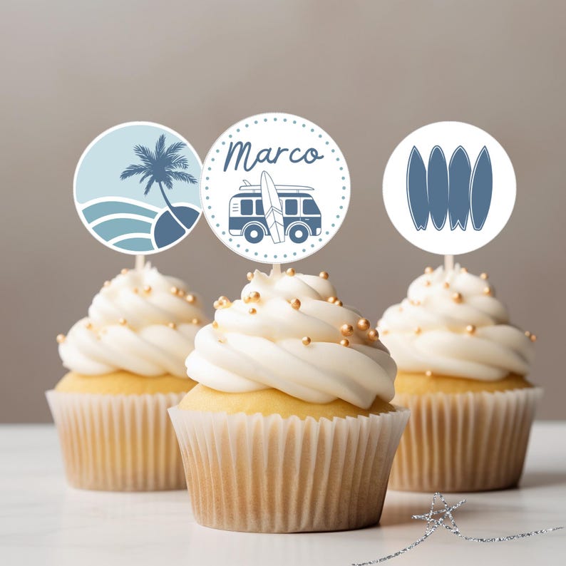 Editable Surf Cupcake Toppers Surf Party Digital Cupcake Toppers Surfer ...
