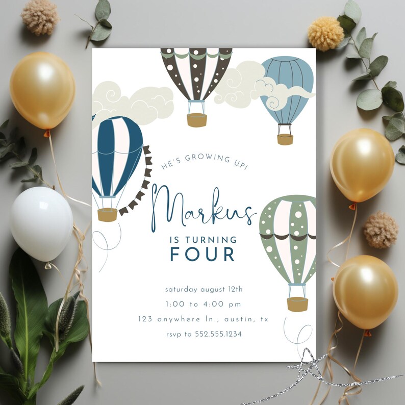 Editable Hot Air Balloon Birthday Invitation Hot Air Balloon Party ...