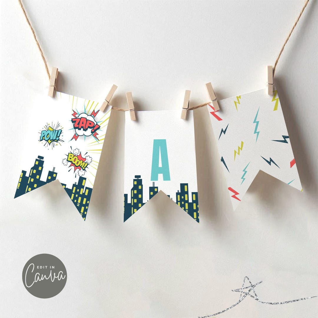 Editable Super Hero Banner Super Hero Party Digital Banner Superhero ...