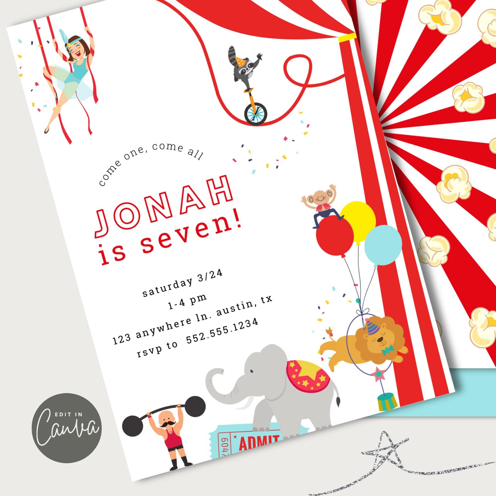 Editable Circus Birthday Invitation Circus Party Digital Invitation ...
