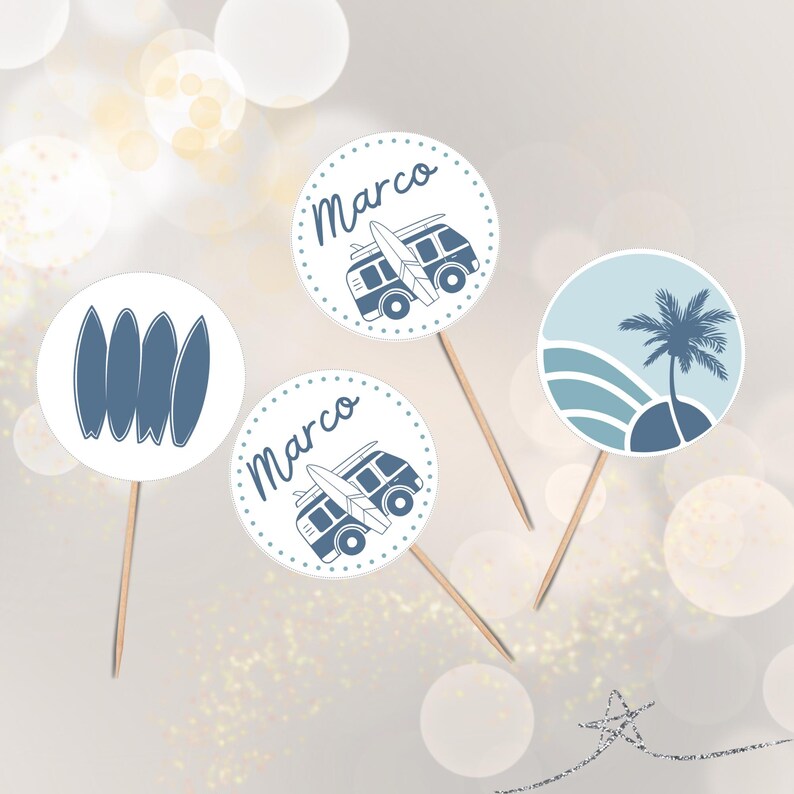 Editable Surf Cupcake Toppers Surf Party Digital Cupcake Toppers Surfer ...