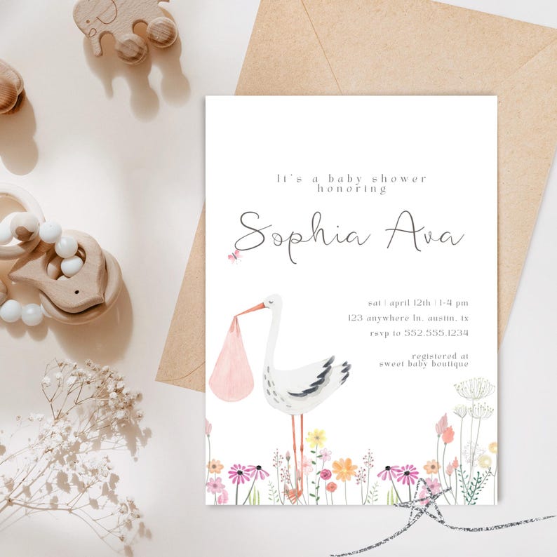 Editable Stork Baby Shower Invitation Stork Baby Shower Digital Invite ...