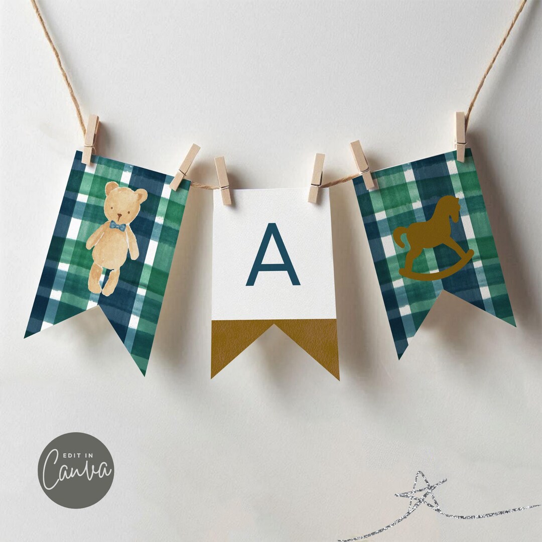 Editable Plaid Bear Banner Navy Plaid Digital Banner Classic Plaid ...