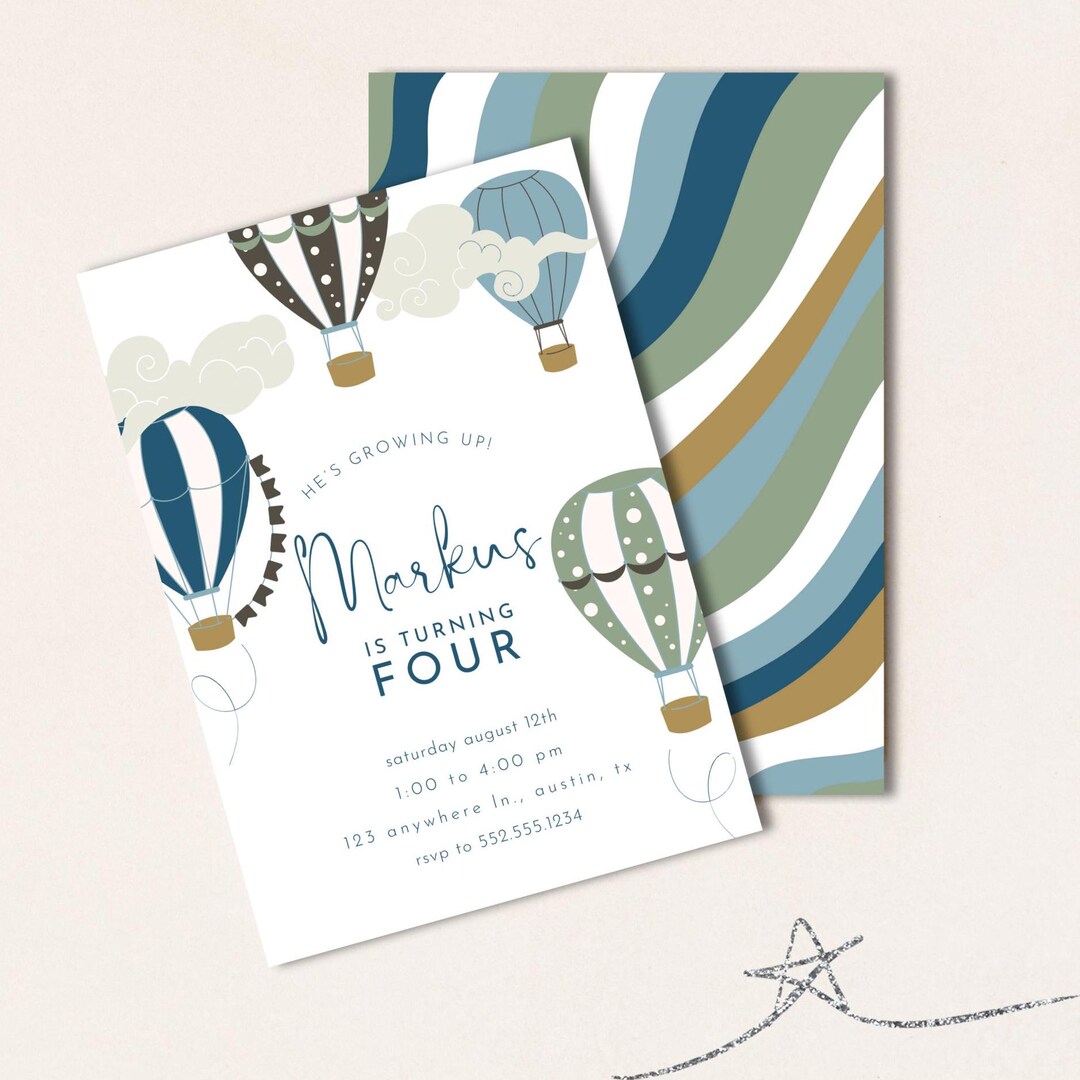 Editable Hot Air Balloon Birthday Invitation Hot Air Balloon Party ...
