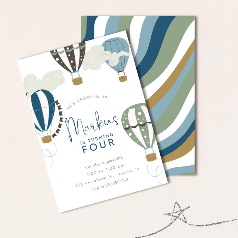 Editable Hot Air Balloon Birthday Invitation Hot Air Balloon Party ...