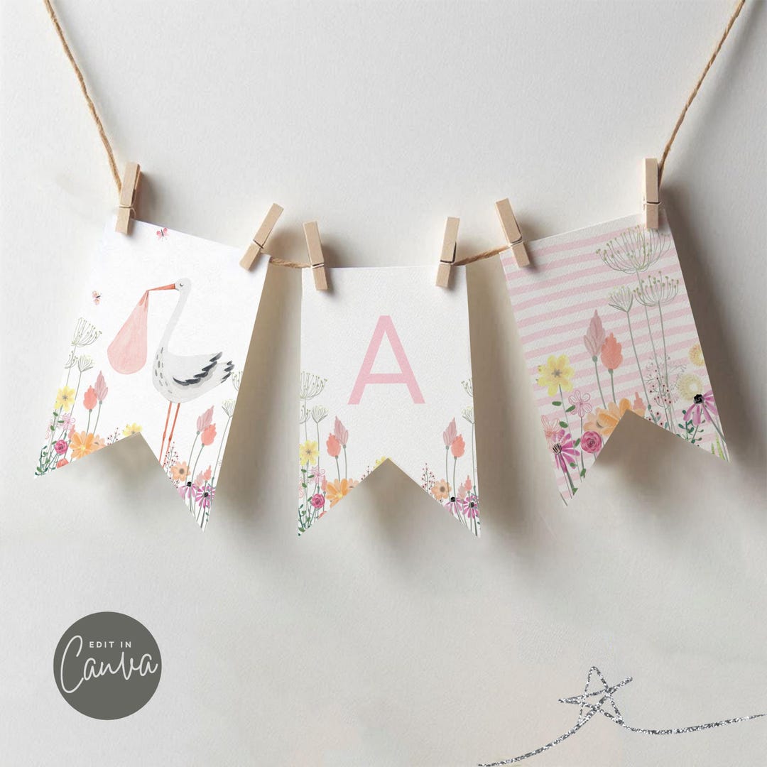 Editable Stork Banner Floral Digital Banner Stork Printable Party ...