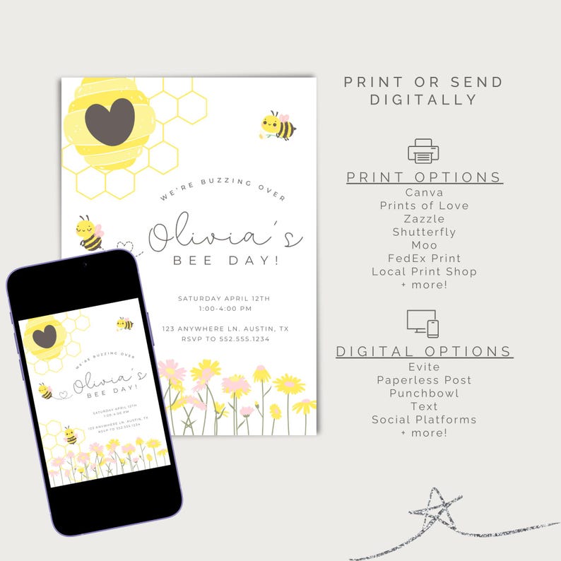 Editable Bee Birthday Invitation Bee Party Digital Invitation Bumble ...