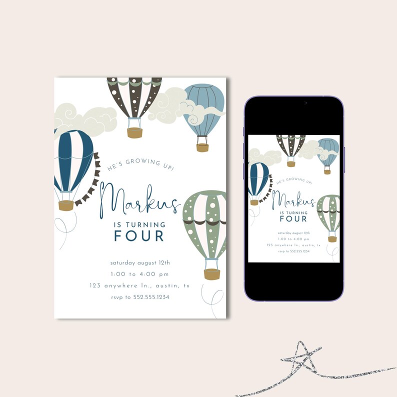 Editable Hot Air Balloon Birthday Invitation Hot Air Balloon Party ...