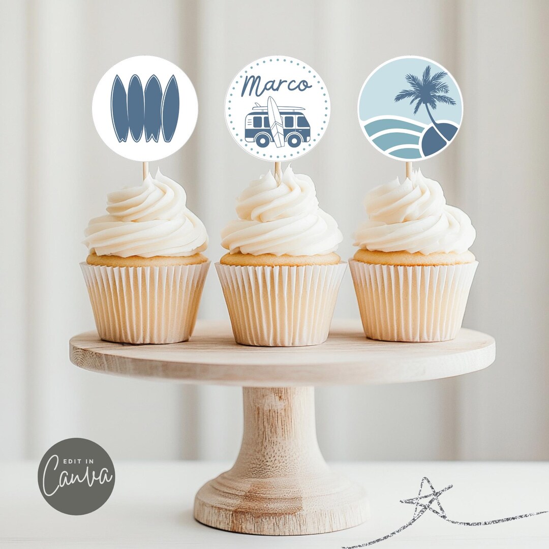 Editable Surf Cupcake Toppers Surf Party Digital Cupcake Toppers Surfer ...