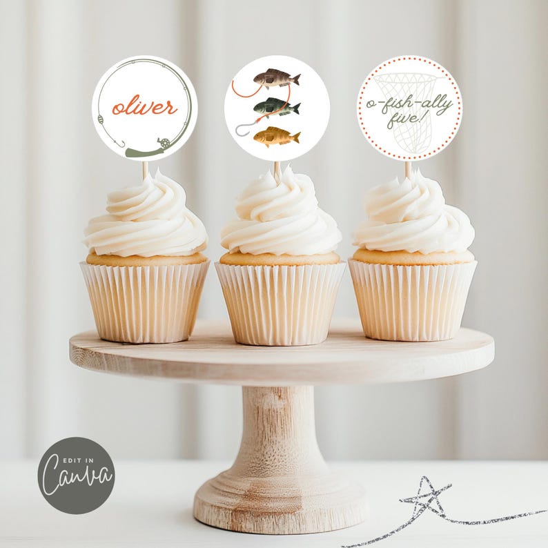 Editable Fishing Cupcake Toppers Fishing Party Digital Cupcake Toppers ...