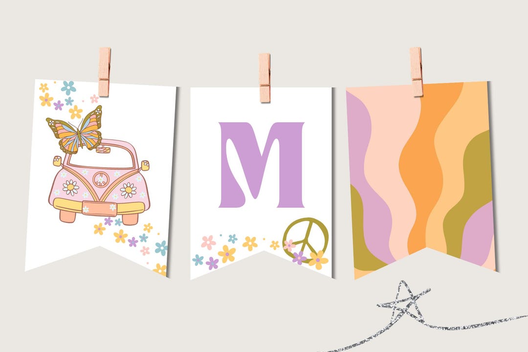 Editable Groovy Pendant Banner Groovy Digital Banner Retro Printable ...