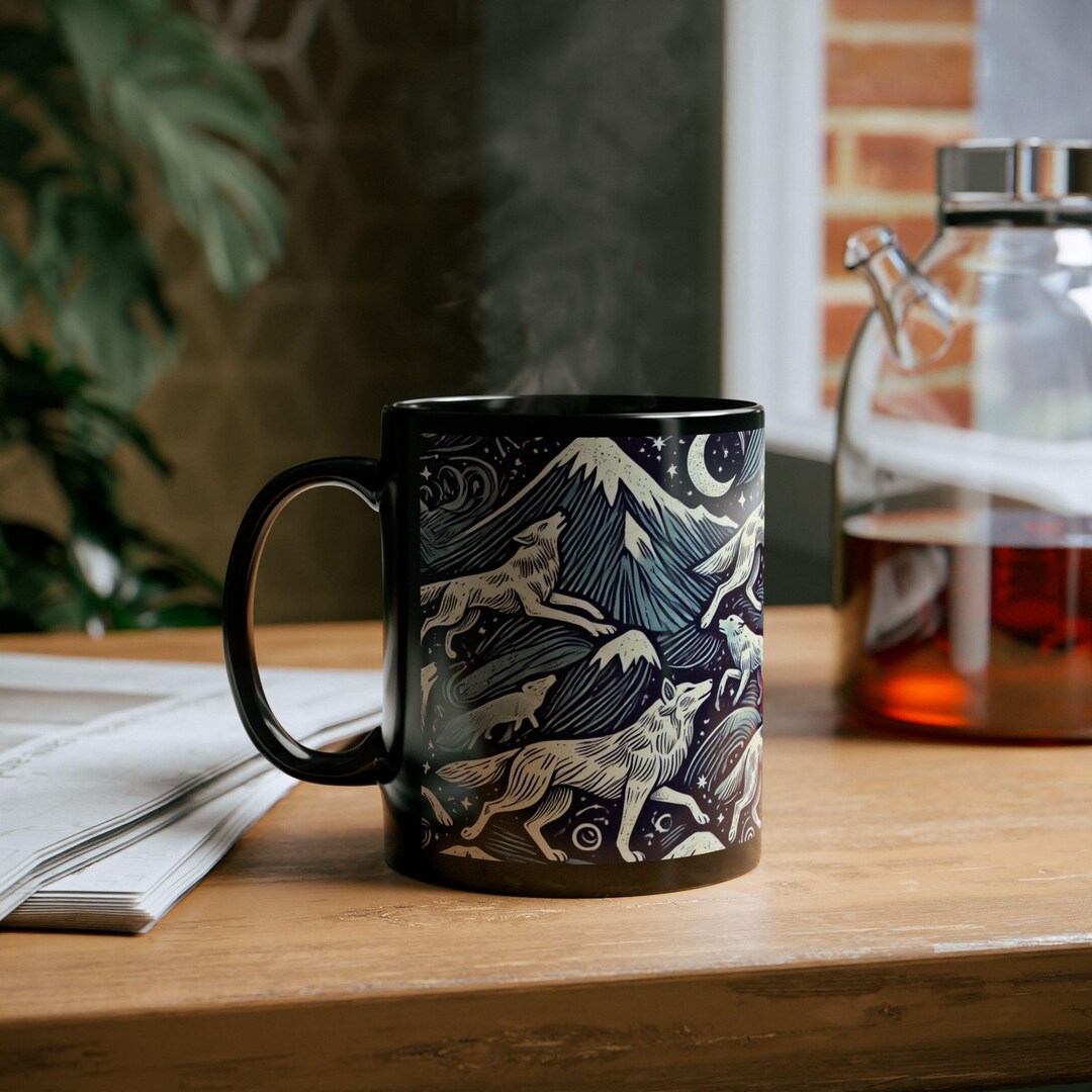Black Mug, Scandi Folk Wolf Design, Coffee Mug, Tea Cup, Unique ...