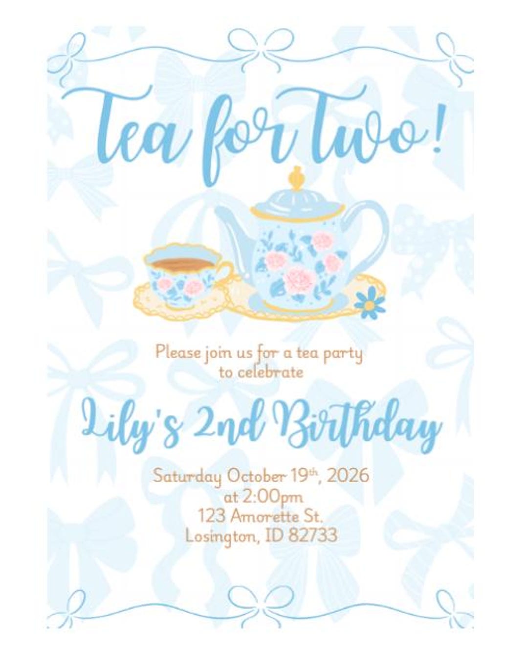 Tea Party Birthday Invitation Template | Tea for Two Birthday Invite ...