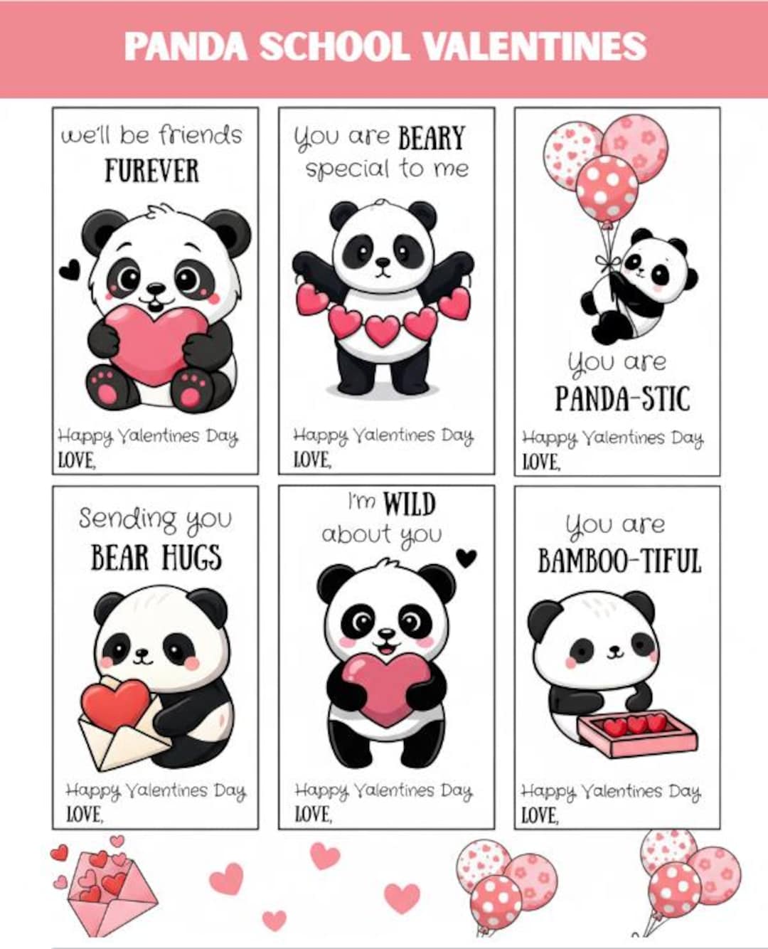 Panda Valentine Cards for Kids | Printable School Valentines | Cute ...