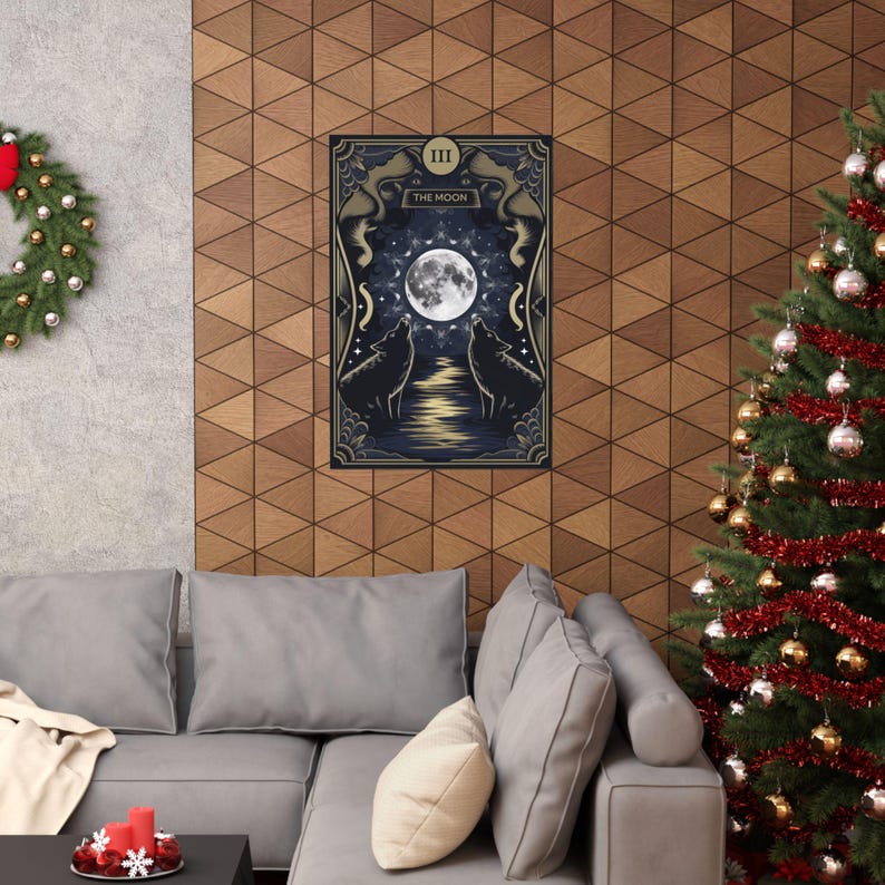 Vertical Poster Moon Tarot Card Art Mystical Full Moon Howling Wolves ...