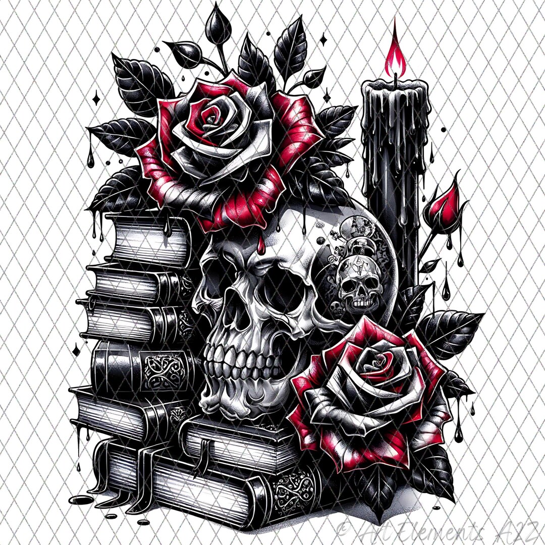 Skull, Books & Roses PNG, Transparent Skull Clipart - Etsy
