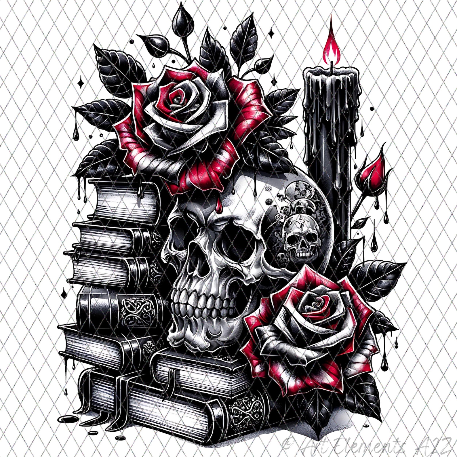 Skull, Books & Roses PNG, Transparent Skull Clipart - Etsy