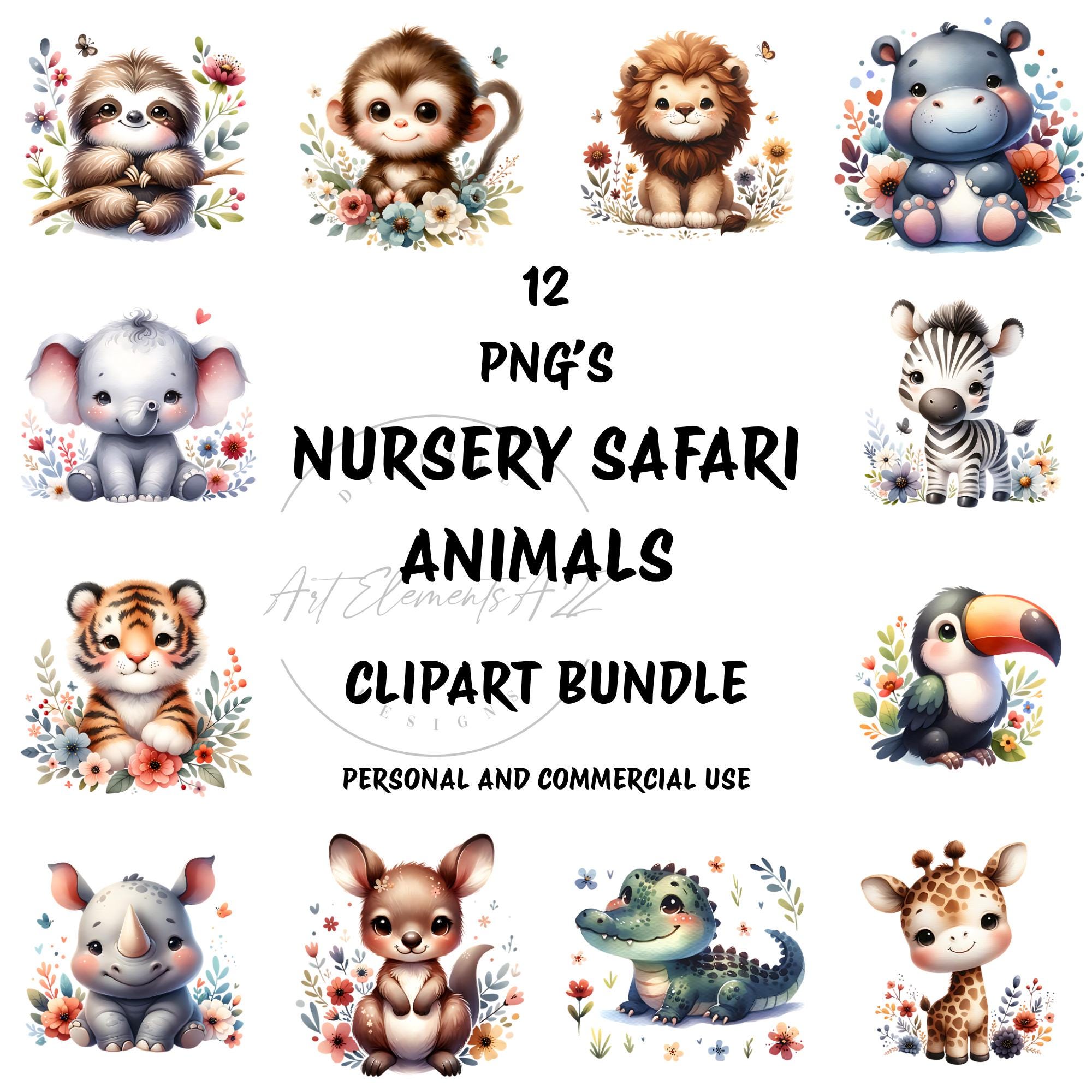 Nursery Safari Animals Clipart Bundle, Cute Jungle Animal Illustrations ...