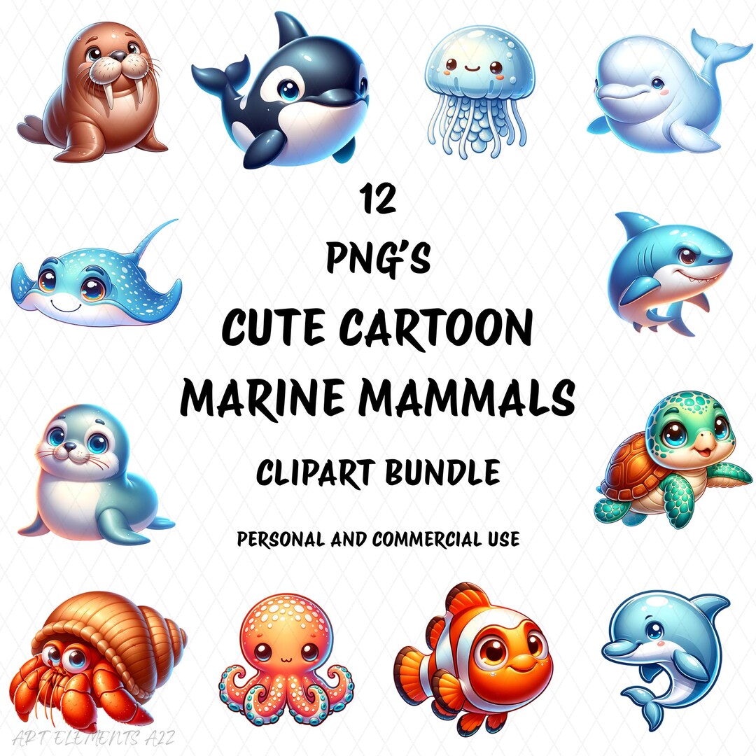 Cute Cartoon Marine Mammals Clipart Bundle, 12 High Quality Transparent ...