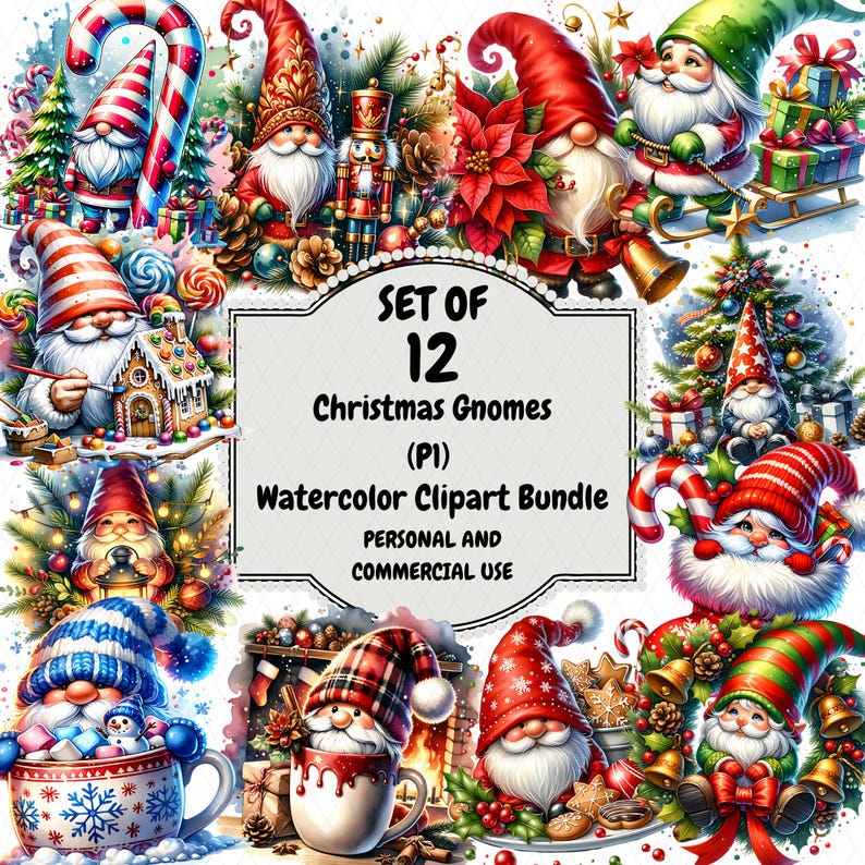 Christmas Gnomes (P1) Watercolor Clipart Bundle, Set of 12 Transparent ...
