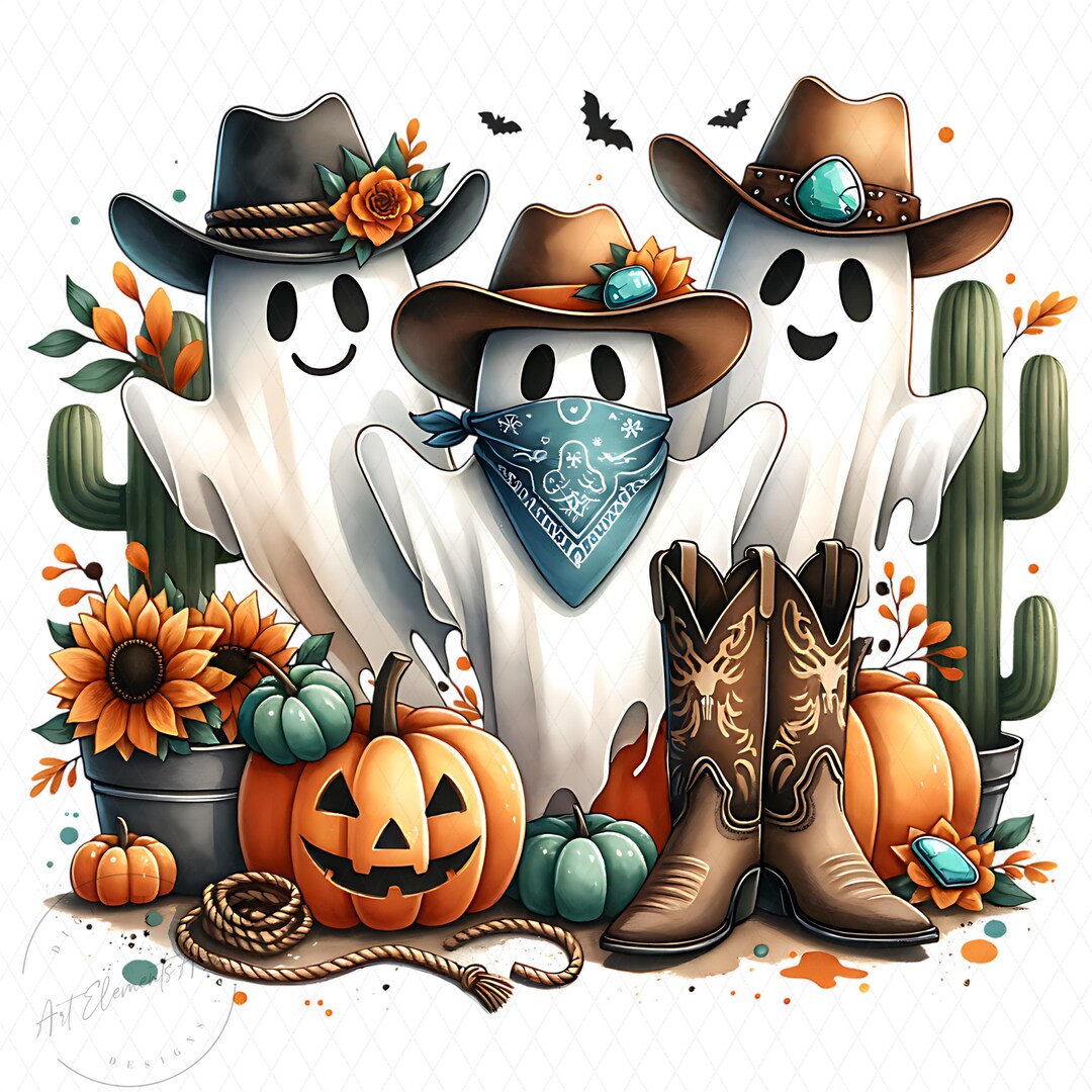 Western Cowboy Ghost Trio PNG, Rustic Halloween Ghosts With Cowboy Hats ...