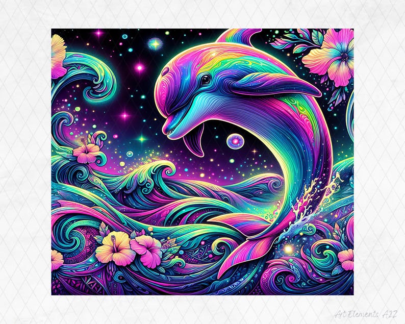 Neon Dolphin 20oz Skinny Tumbler Wrap Design, Sublimation Digital ...