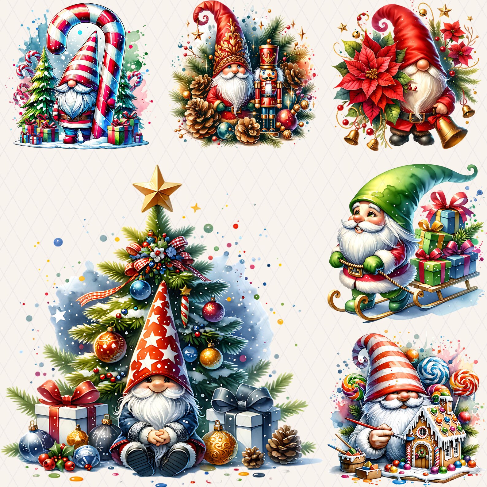 Christmas Gnomes (P1) Watercolor Clipart Bundle, Set of 12 Transparent ...
