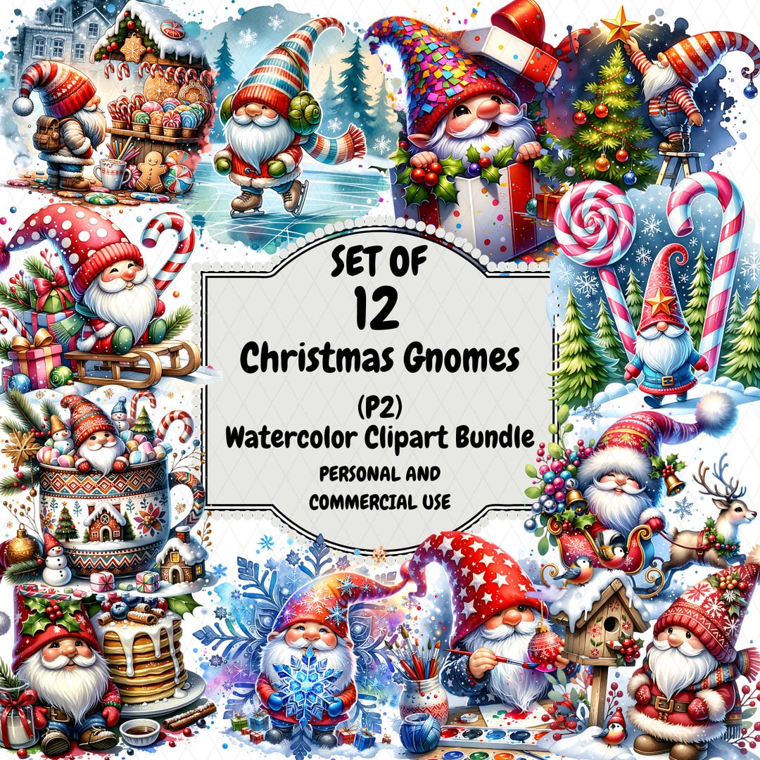 Christmas Gnomes (P2) Watercolor Clipart Bundle, Set of 12 Transparent ...