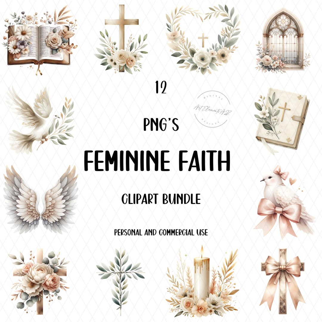 Feminine Faith Clipart Bundle, Watercolor Floral Cross Dove Bible Heart ...