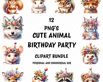15 Cute Animal Birthday Party Clipart, Woodland Animals Birthday PNG ...