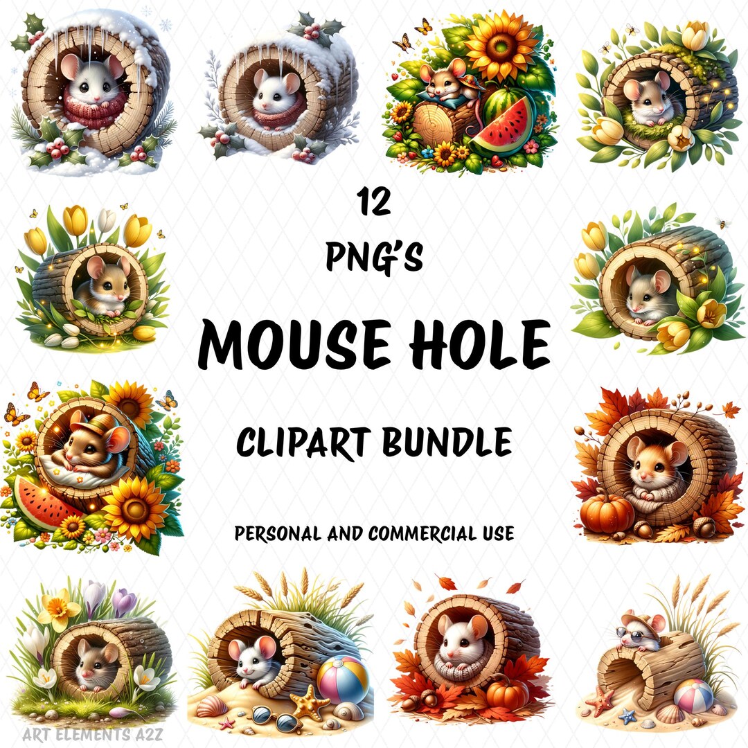 Mouse Hole Clipart Set, Nature Mice in Holes Clipart, Cottagecore Mouse ...