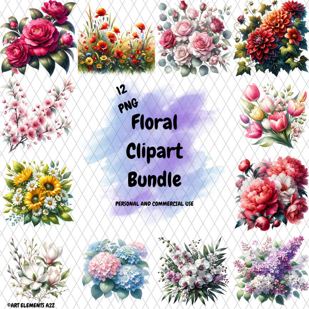 Floral Clipart, Flower PNG Files 12 Clipart PNG Set - Etsy