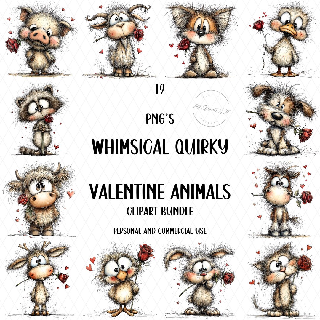 Whimsical Quirky Valentine Animals Clipart Set, Cute Romantic Character ...