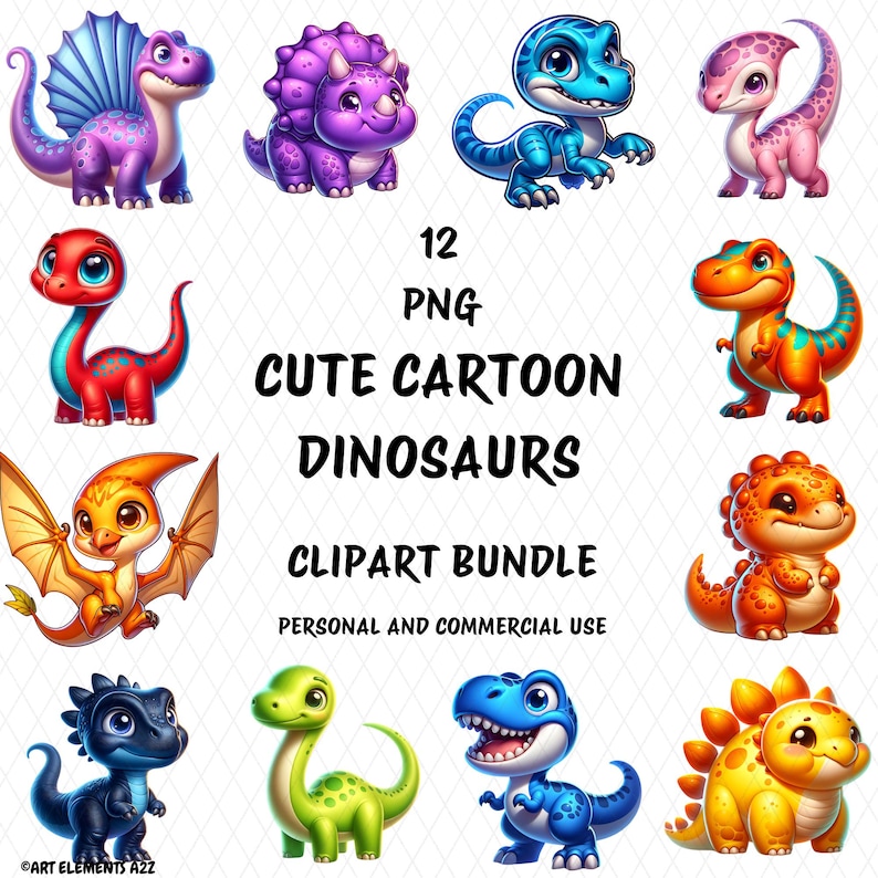 Cute Cartoon Dinosaurs Clipart Bundle, 12 Transparent Pngs, Digital ...