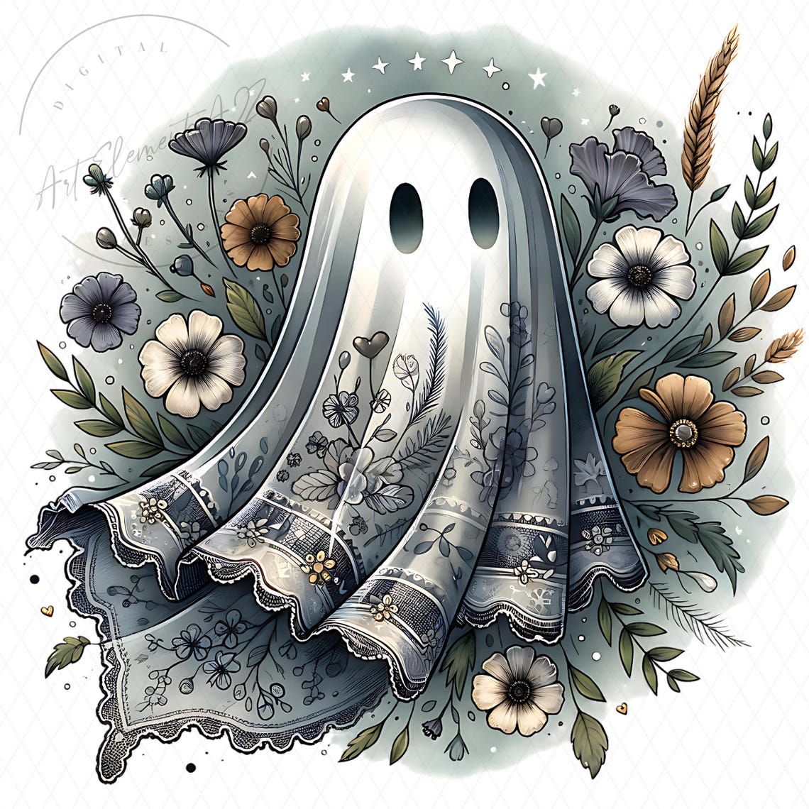 Boho Ghost in Wildflowers PNG, Boho Botanical Tattoo Illustration ...
