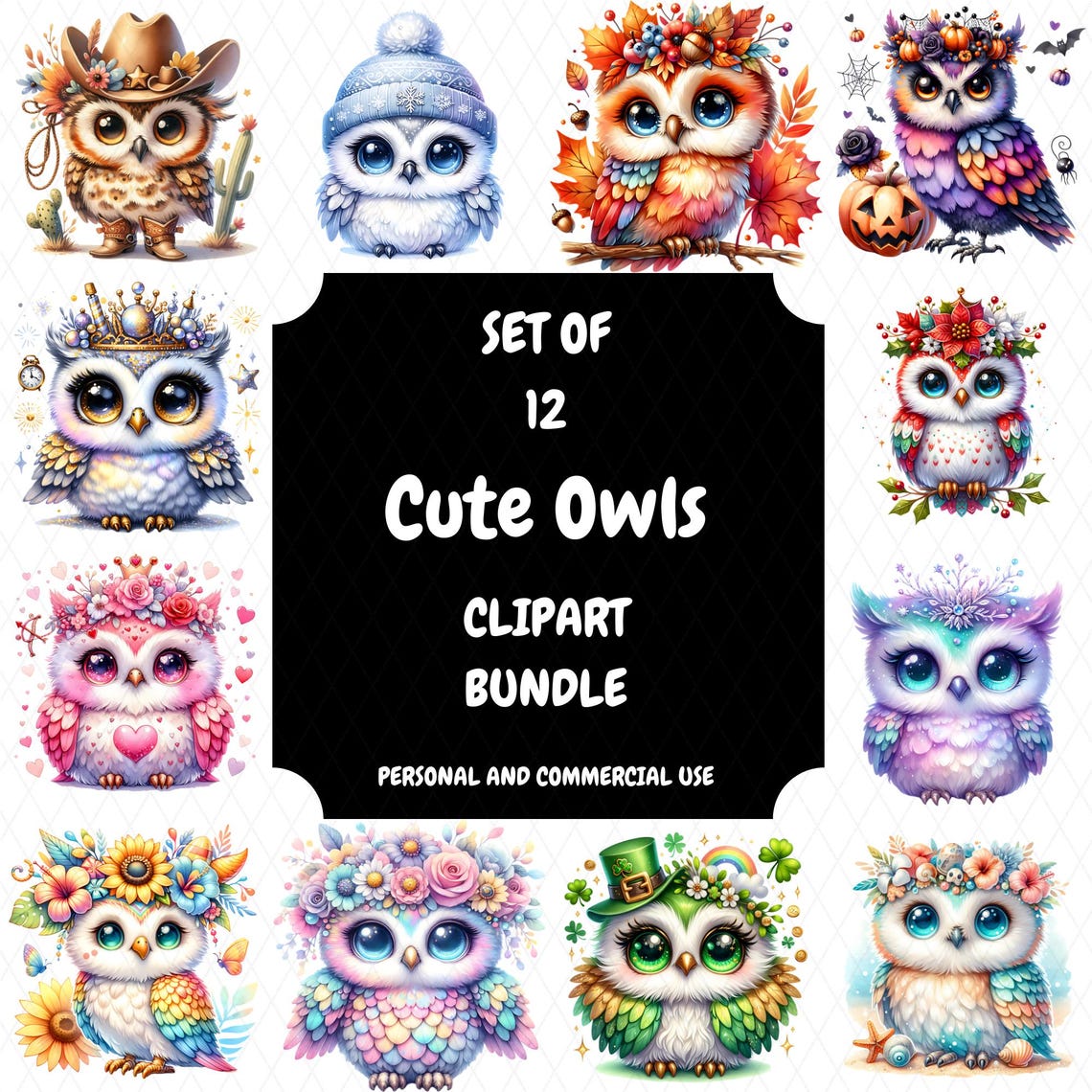 Cute Owls Clipart Bundle, 12 Transparent Png's, Cute Owl Clipart - Etsy