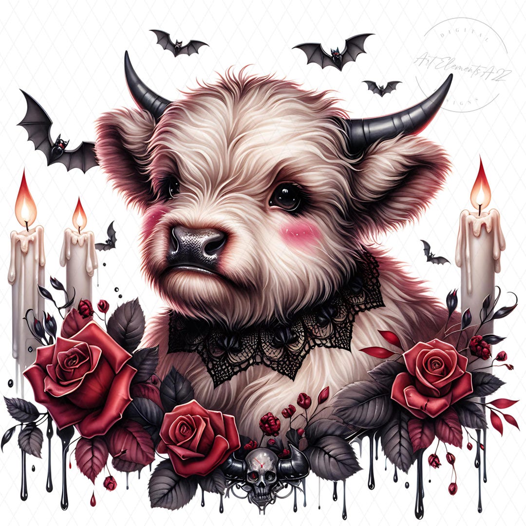 Gothic Highland Cow PNG, Dark Gothic Cow With Roses, Spooky Highland ...
