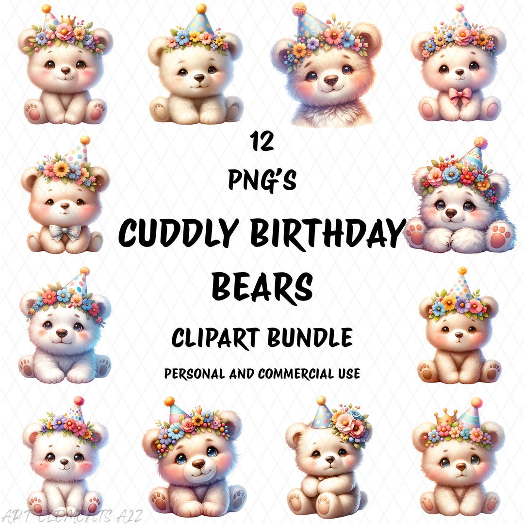 Cuddly Birthday Bears Clipart Bundle, 12 High Quality Transparent Pngs ...