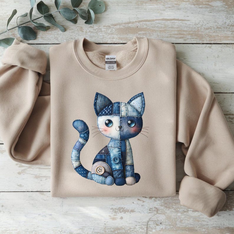 Denim Patchwork Cat PNG, Cute Kitten Sublimation Design, Jean Cat ...