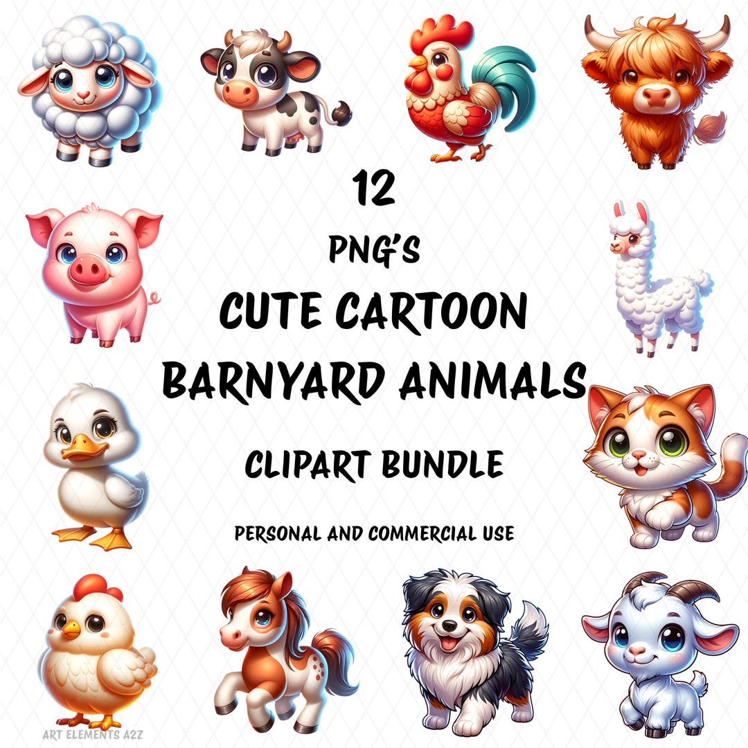 Cute Cartoon Barnyard Animals Clipart Bundle, 12 Transparent High ...