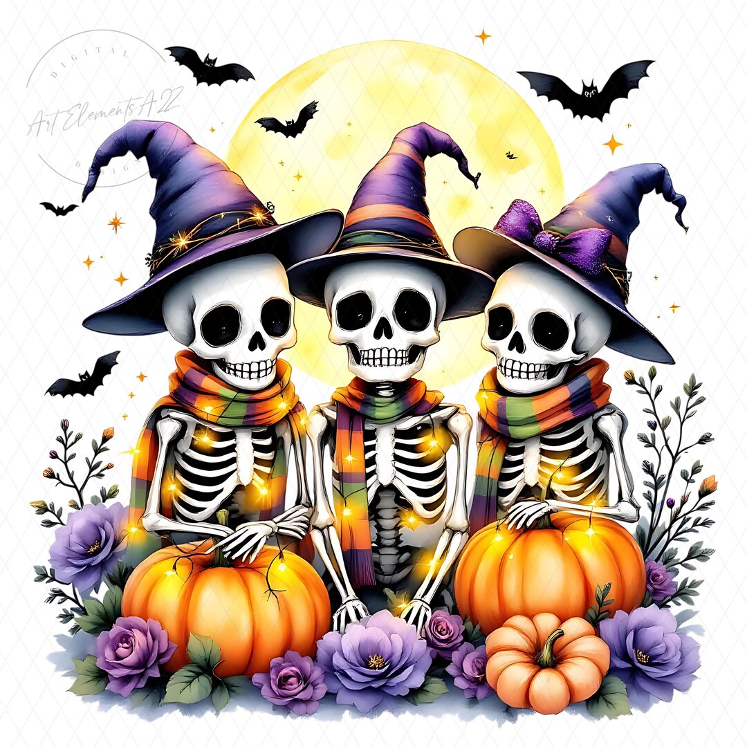 Halloween Skeleton Trio PNG, Halloween Clipart, Cute Witch Skeletons ...