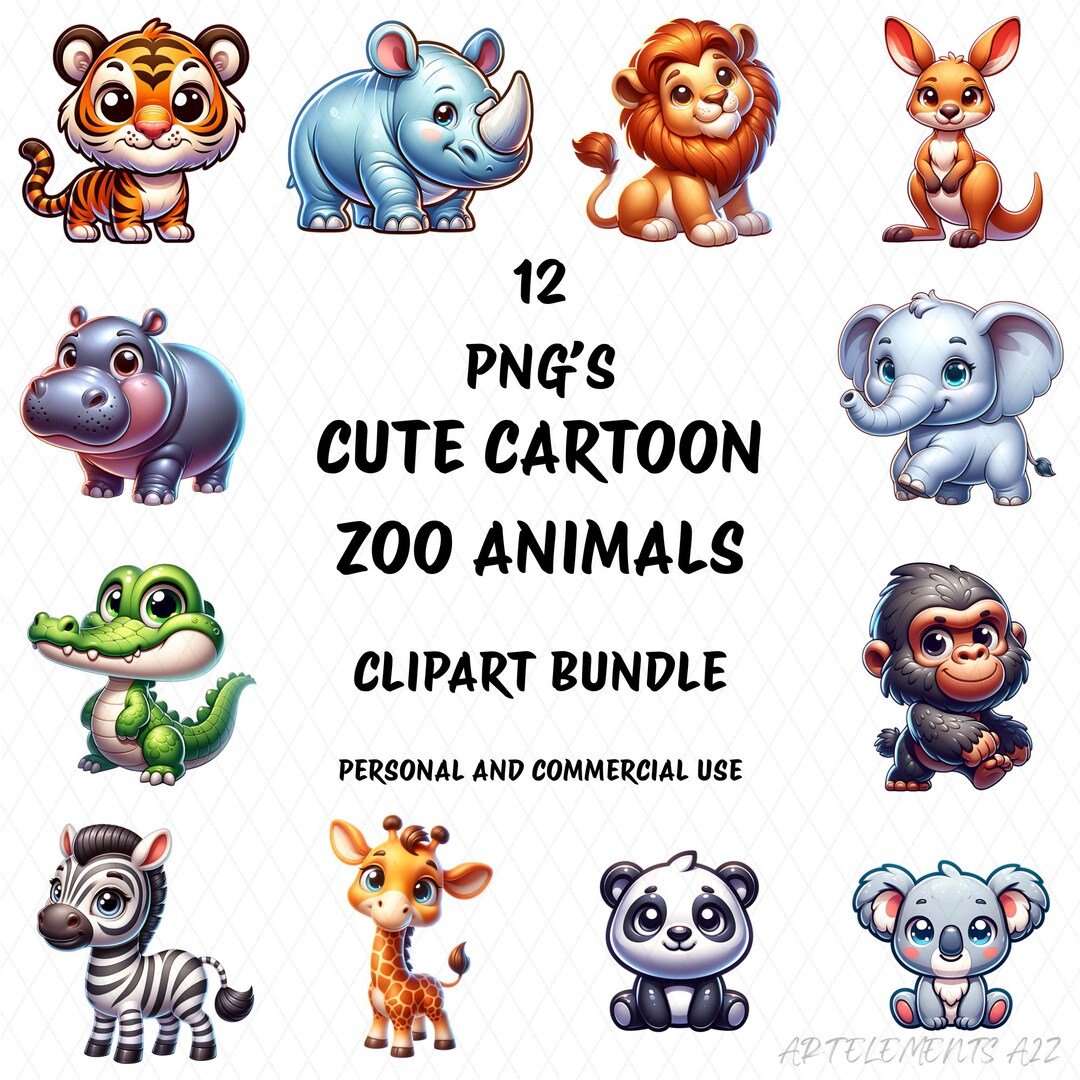 Cute Cartoon Zoo Animals Clipart Bundle, 12 High Quality Transparent ...