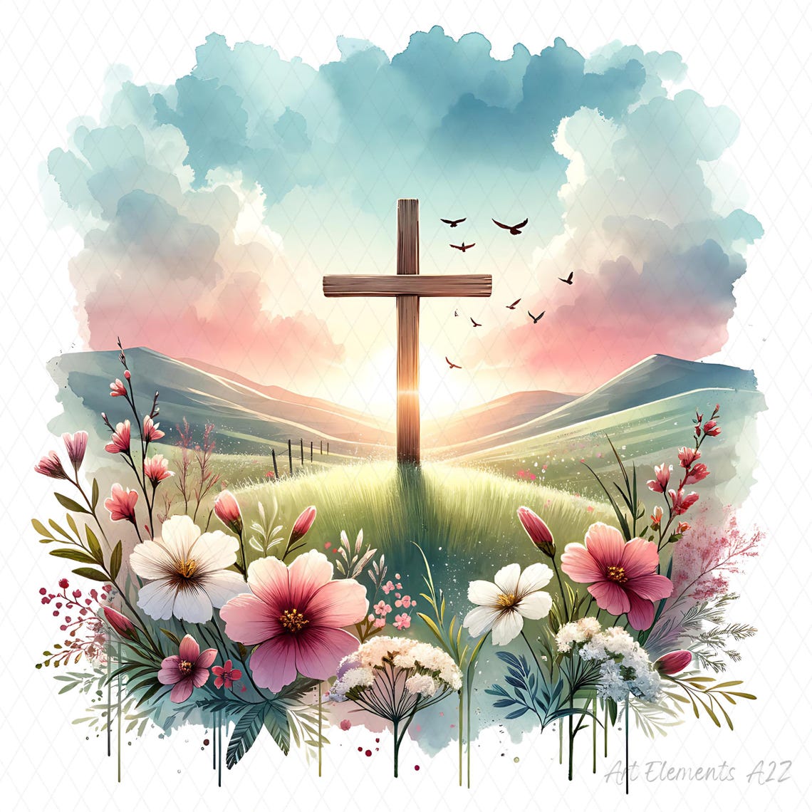 Resurrection Cross PNG, Easter Resurrection Cross Watercolor Art, He is ...