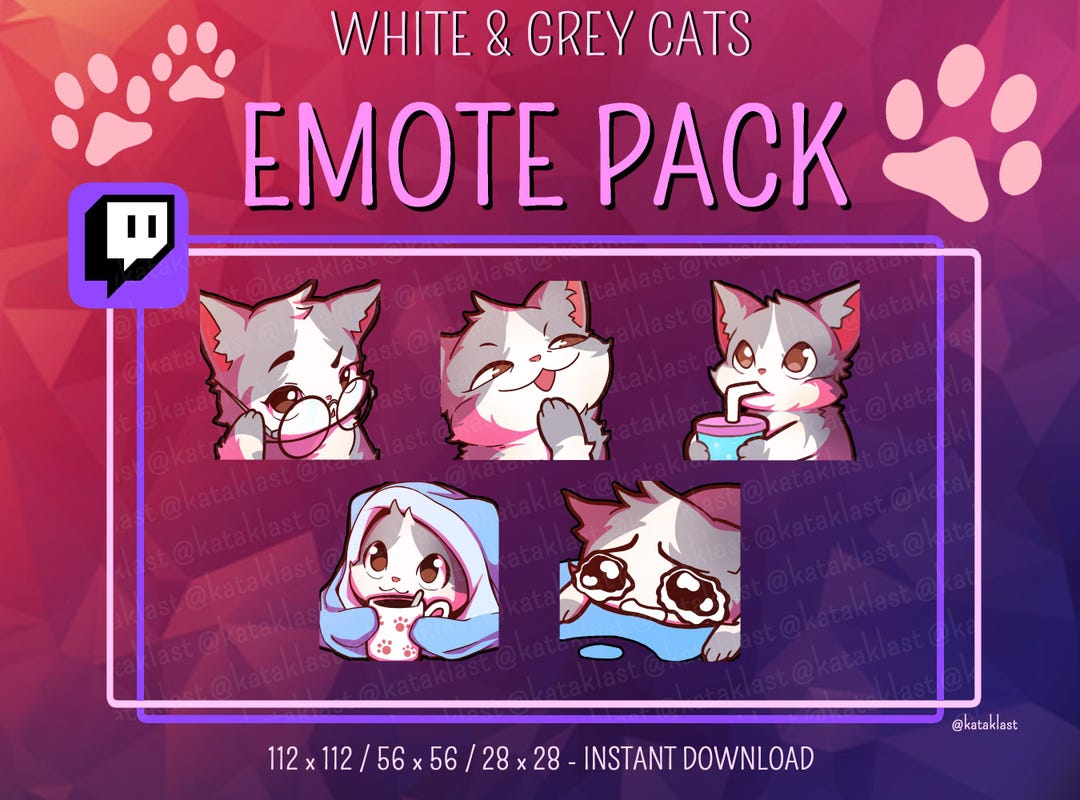 Cute White Gray Cats Emotes Pack X5 - Kawaii, Adorable, Animal, Neko ...