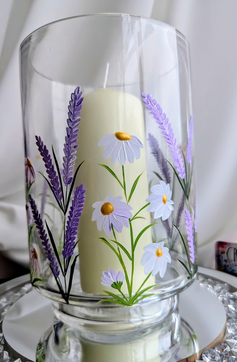 Hand Painted Vase: Lavender & Daisy Hurricane Vase - Etsy UK
