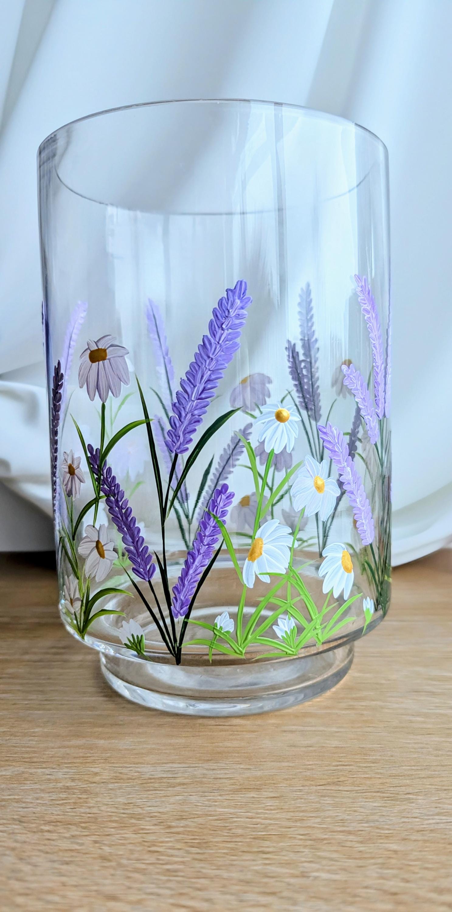 Hand Painted Vase: Lavender & Daisy Hurricane Vase - Etsy UK