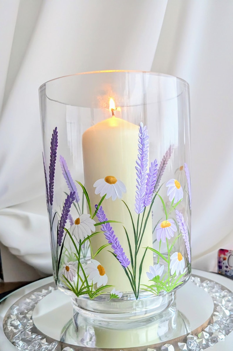 Hand Painted Vase: Lavender & Daisy Hurricane Vase - Etsy Ireland