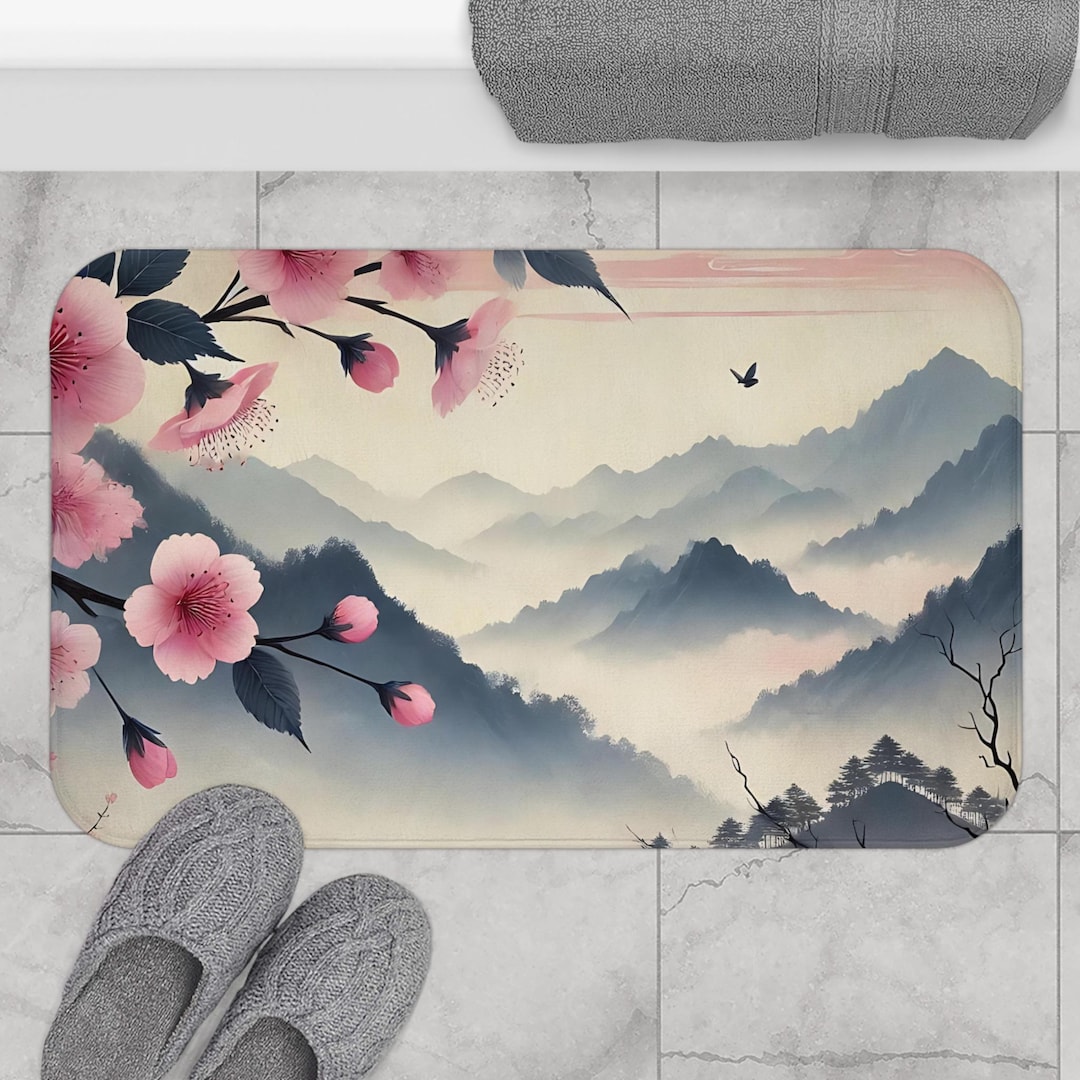 Cherry Blossom Mountain Bath Mat - Serene Lotus Bathroom Decor, Floral ...