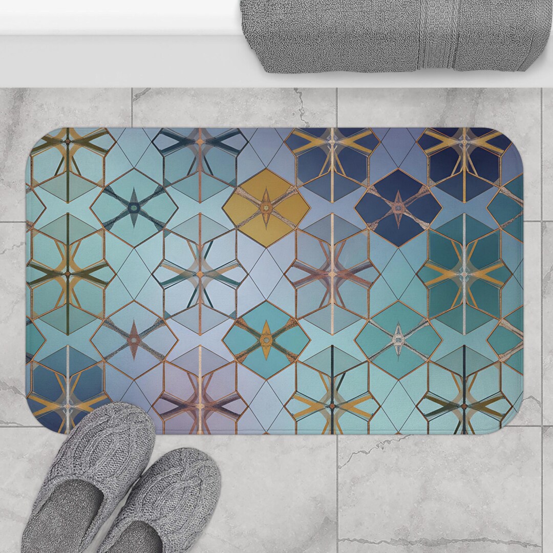 Geometric Moroccan Tile Bath Mat | Teal Blue Gold Pattern - Etsy